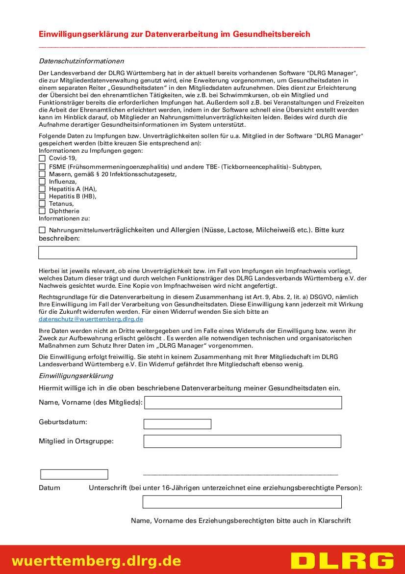 4. Anhang: Muster zur Einwilligungserklärung - Anleitungen - DLRG Wiki